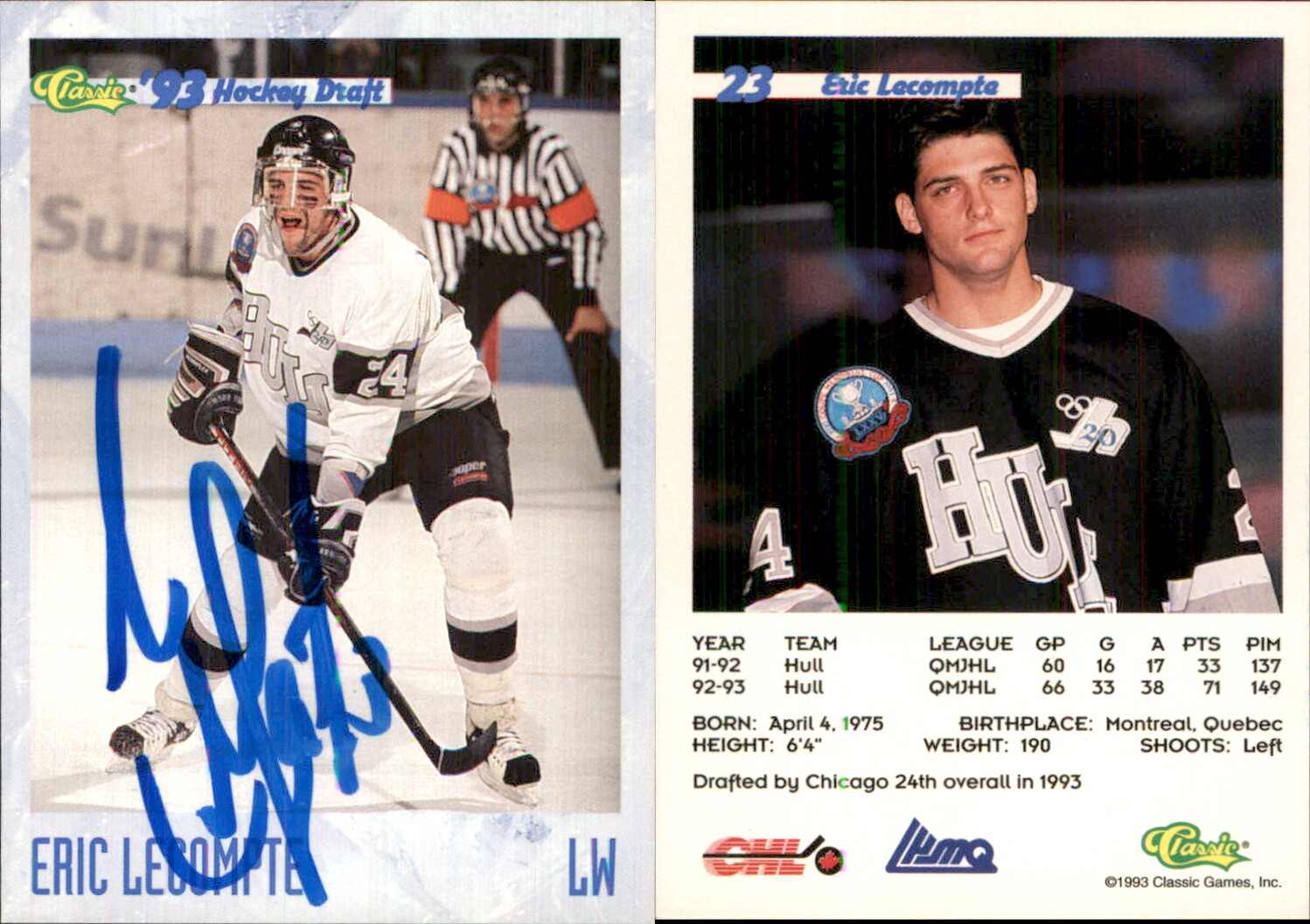 Eric Lecompte Signed 1993 Classic '93 Hockey Draft #23 Auto AU Olympiques | eBay
