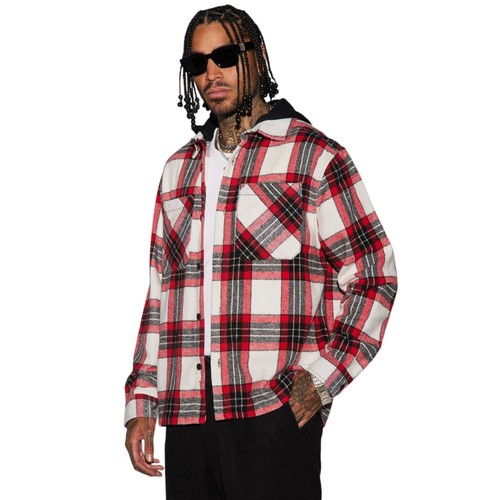 Stacking Hooded Flannel Shacket Jacket Red Black Flannel Men's Size ...