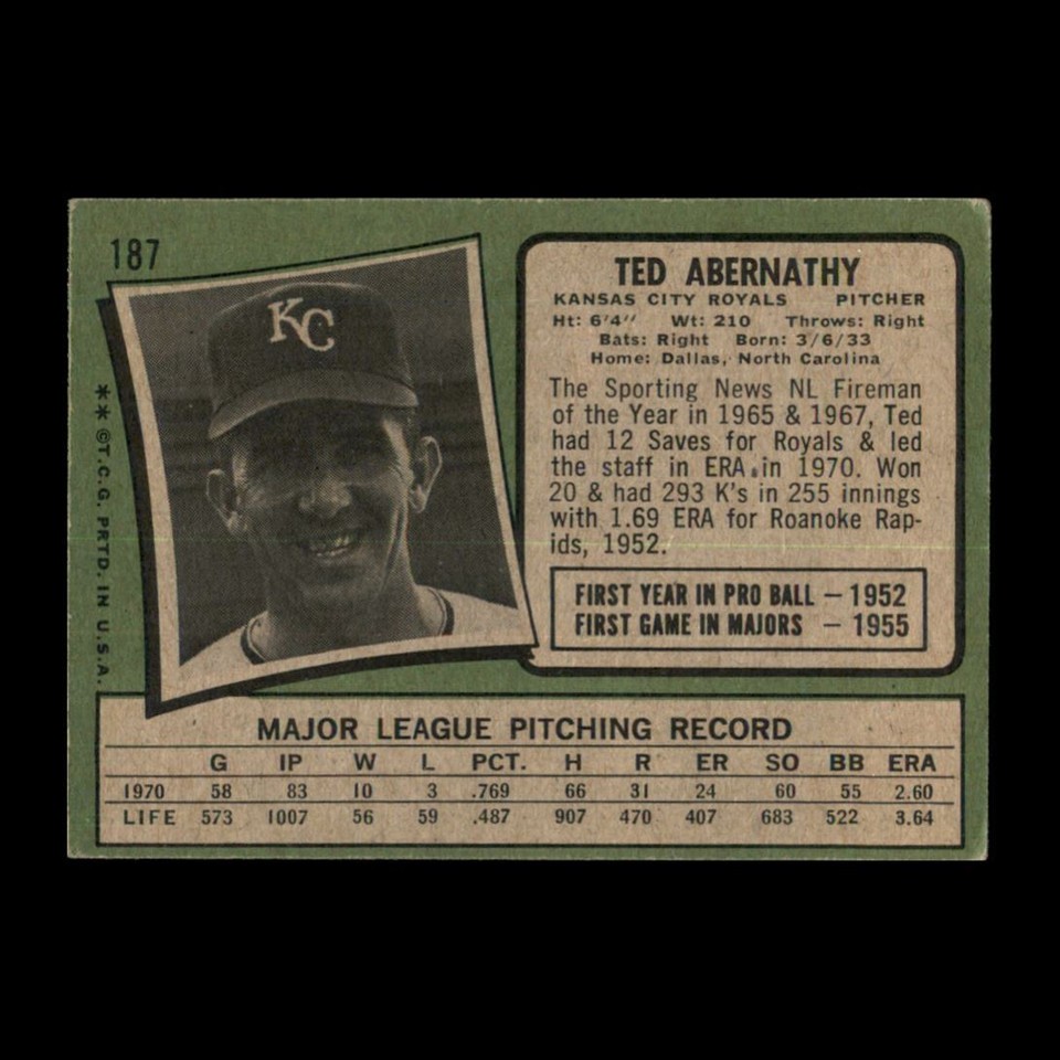 Ted Abernathy 1971 Topps Kansas City Royals #187 Set Filler! | eBay