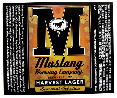 Mustang Brewing Co HARVEST LAGER beer label OK 12oz SEASONAL SELECTION ...