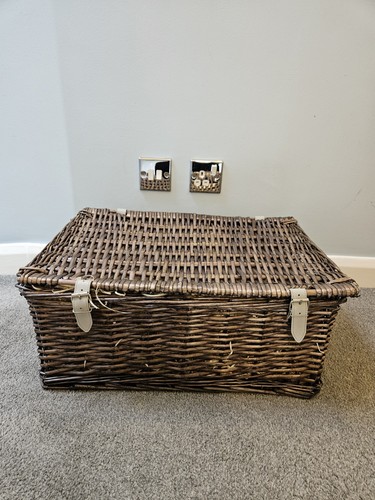 Large Dark Brown Wicker Hamper Picnic Basket, grey faux leather buckle ...