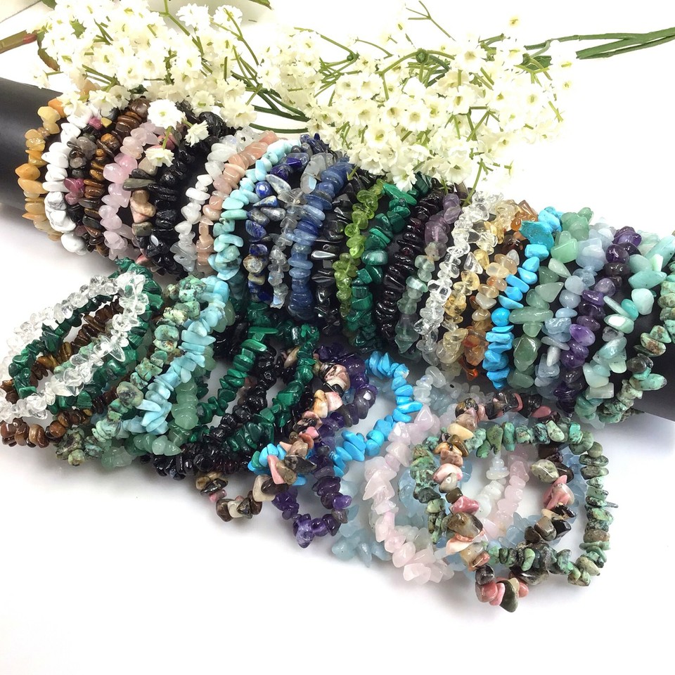 Gemstone Chips Bracelet 7.5" Elastic Stretch Beaded gift Handmade ...