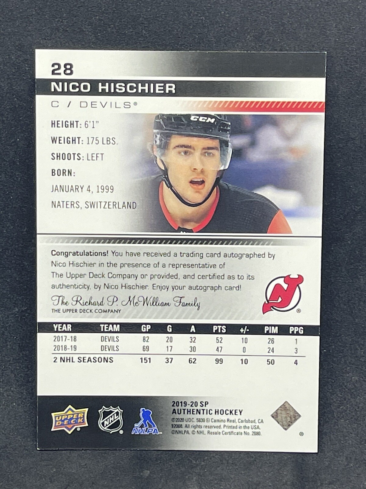 Nico Hischier AUTO 2020-21 19/20 SP-AUTHENTIC BLACK SIGNED GOLD INK SSP ...