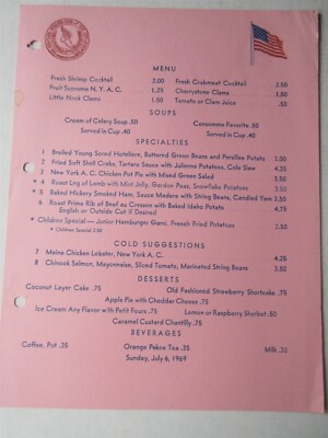 1969 New York Athletic Club NYAC menu July 6, 1969 | eBay