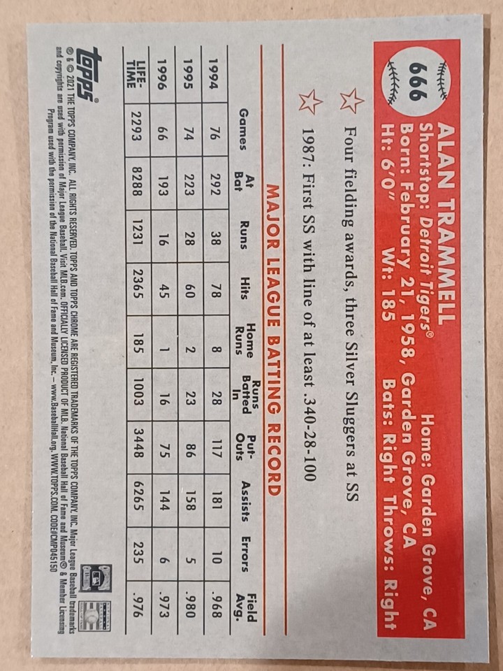 2021 Topps Chrome Platinum Anniversary Alan Trammell Base #666 Detroit ...