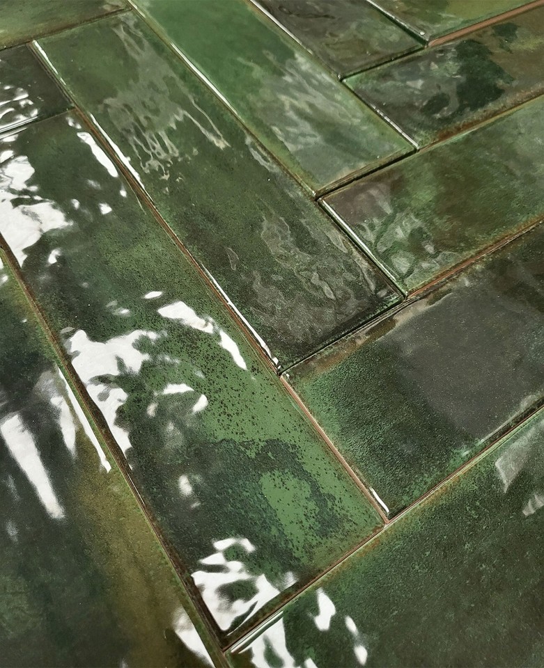 Brick Metro Ceramic Wall tiles 6.5x25cm Bumpy Green Glossy Kitchen ...