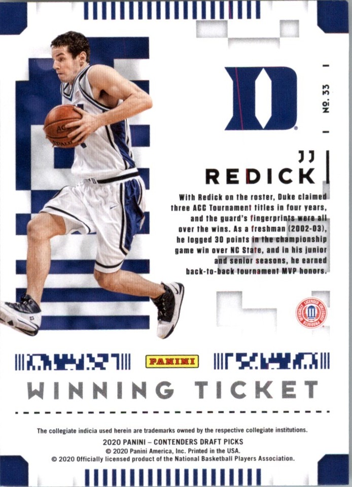 2020-21 Contenders Draft Picks Winning Ticket #33 JJ Redick Duke Blue ...