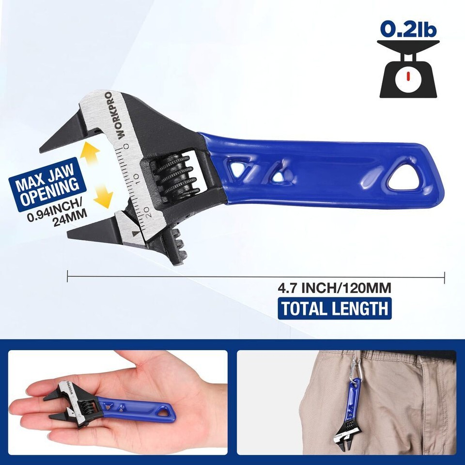 WORKPRO 4" Thin Jaws Stubby Wide Opening Adjustable Wrench w/2mm Jaws ...