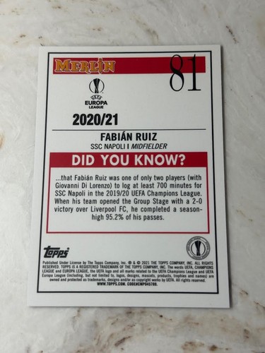 FABIAN RUIZ - 2021 TOPPS MERLIN EUFA CHAMPIONS LEAGUE SOCCER CHROME ...