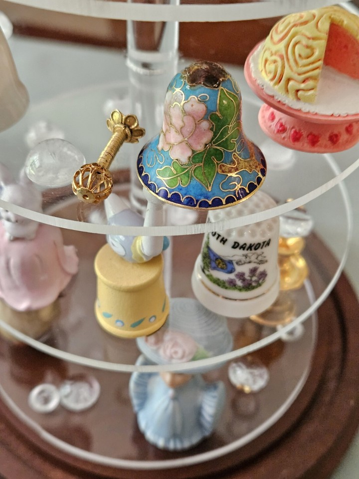 14 Thimbles with Glass Dome Display Case Plastic Tiers Wooden Base ...