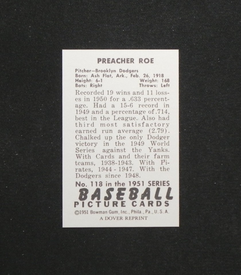 PREACHER ROE Dover Reprint of 1951 Bowman Card #118 _ Exact Card (D) | eBay