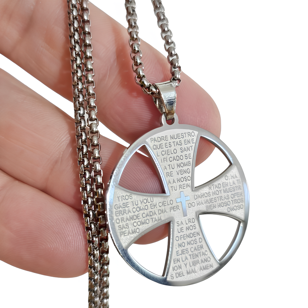 Lords Prayer Cross Pendant Necklace Templar Spanish Script Steel 22 ...