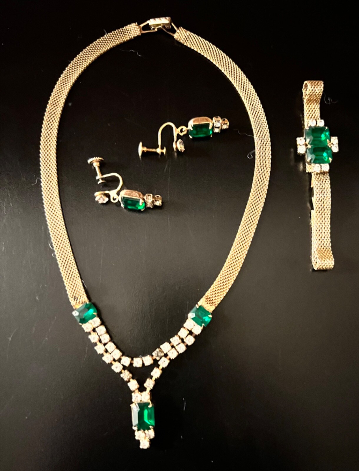 Vintage Green Rhinestone Gold-Mesh Jewelry Set - Gem