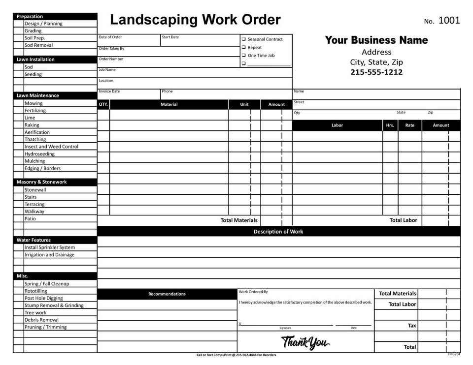 Custom Landscape Work Order Forms / 8.5 x 11 / 2 or 3 Part / TMG204 | eBay