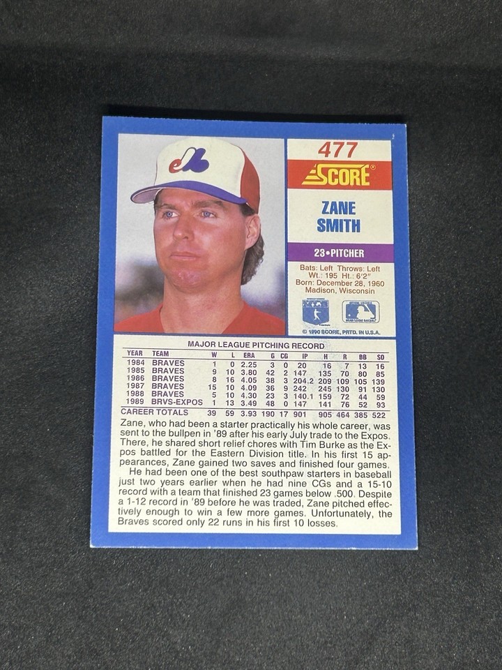 Zane Smith 1990 Score #477 Montreal Expos Auto Autographed Signed MLB ...