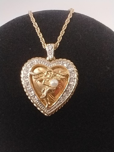 Vintage Premier Designs Angel Heart Pearl CZ YG / Locket 18" Necklace ...