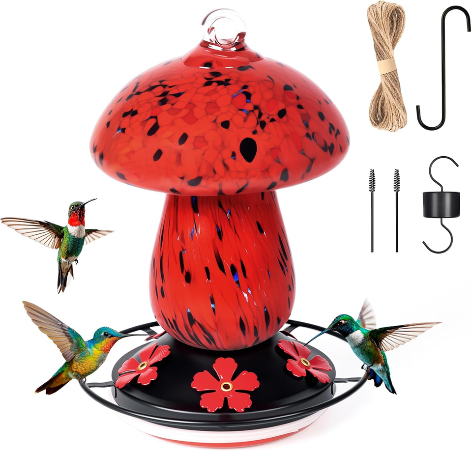 Glass Hummingbird Feeder for Outdoors Hanging, 23 Oz Mushroom-Shaped ...