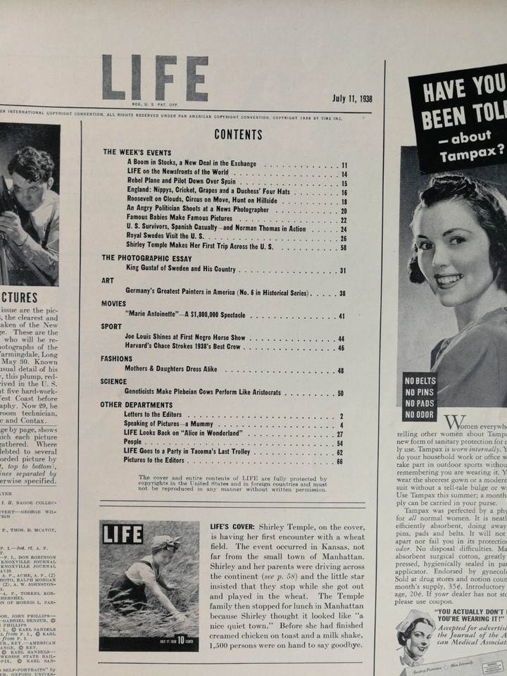 Life Magazine July 11, 1938 Shirley Temple Joe Louis King Gustaf of ...