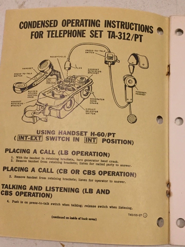 Army Signal Corps TA-312 Field Telephone TM 11-2155 | eBay