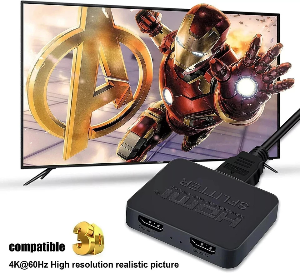 HDMI Splitter 1 Input 2 Output 4K HD Dual Output Adapter Cable 1 In 2 ...