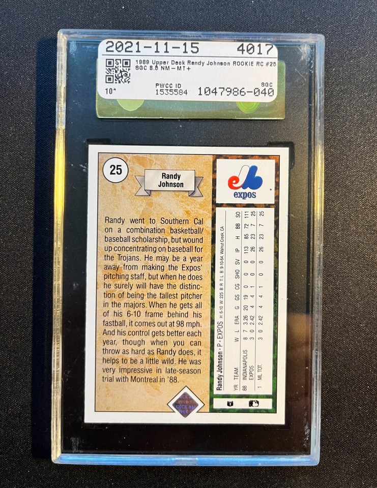 1989 Upper Deck Randy Johnson #25 Rookie RC SGC 92 older slab 8.5 | eBay