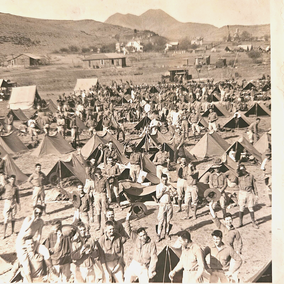 Vtg REAL PHOTO Overhead Shot SOLDIER PLATOON At Camp WWII 7 x 5 ...