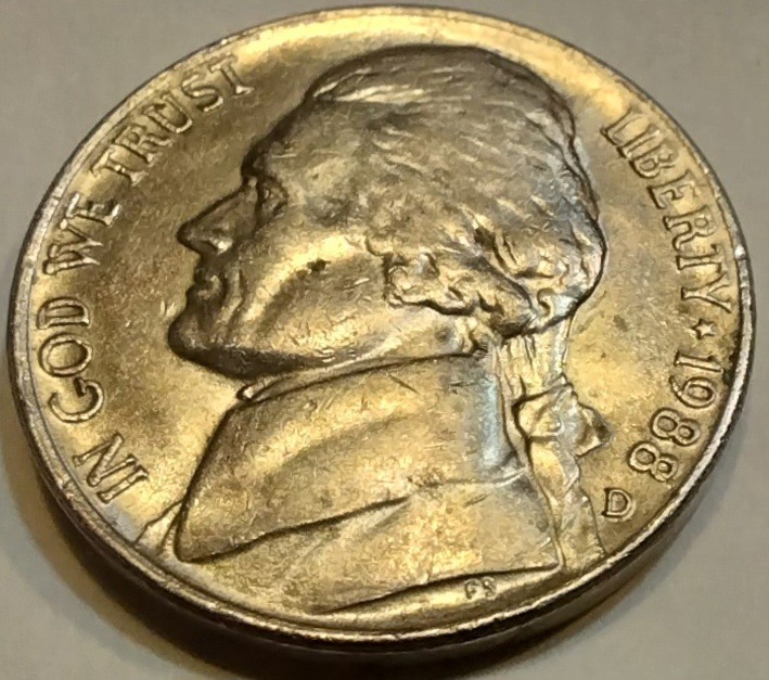 1988-D Jefferson Nickel U.S. Error Coin - Doubling on Obverse "In God ...