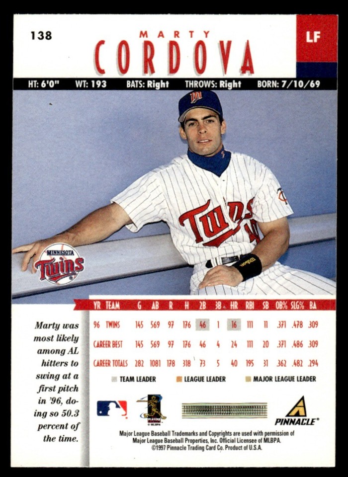 1997 New Pinnacle Marty Cordova Minnesota Twins #138 | eBay