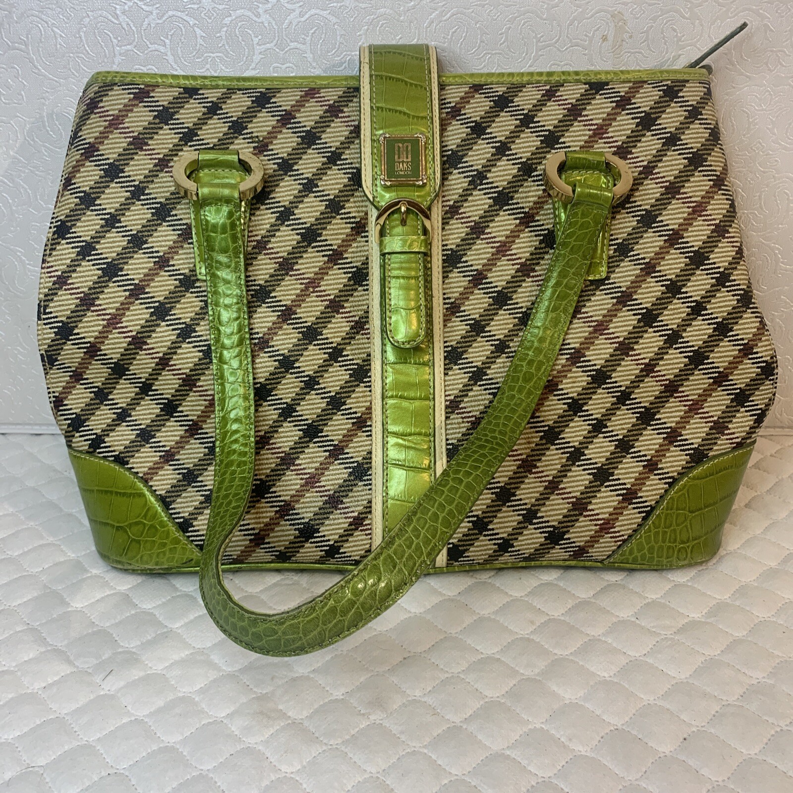 DAKS London checked twill shoulder bag w/ Green Faux Lizard Skin Handle ...