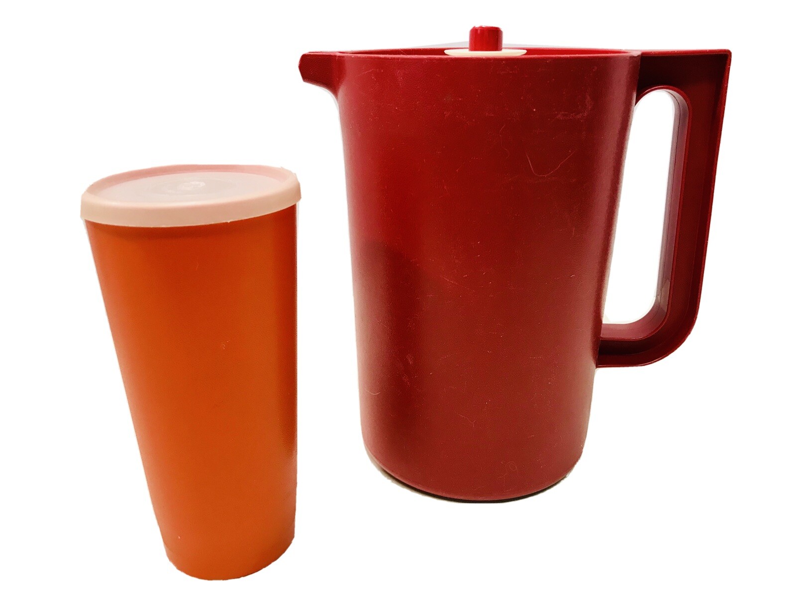 Tupperware Vintage Red Pitcher #1676 Lid #801 & Orange Tumbler #1348 w ...
