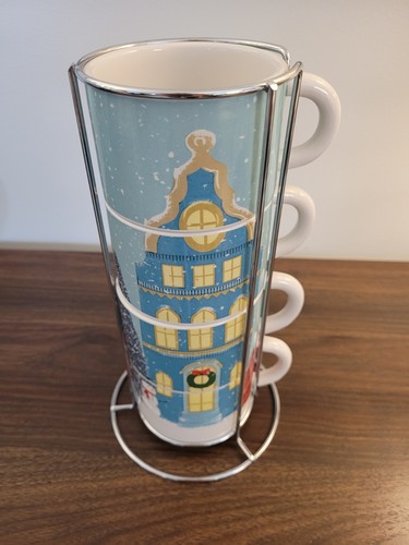 Pier 1 One Stacking stackable Mugs cups Set 4 Christmas House Rack Xmas ...