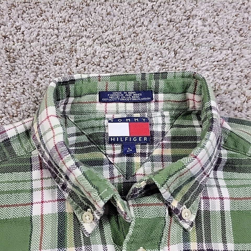 Tommy Hilfiger Flannel Shirt Mens Large Plaid Crest Long Sleeve Button ...