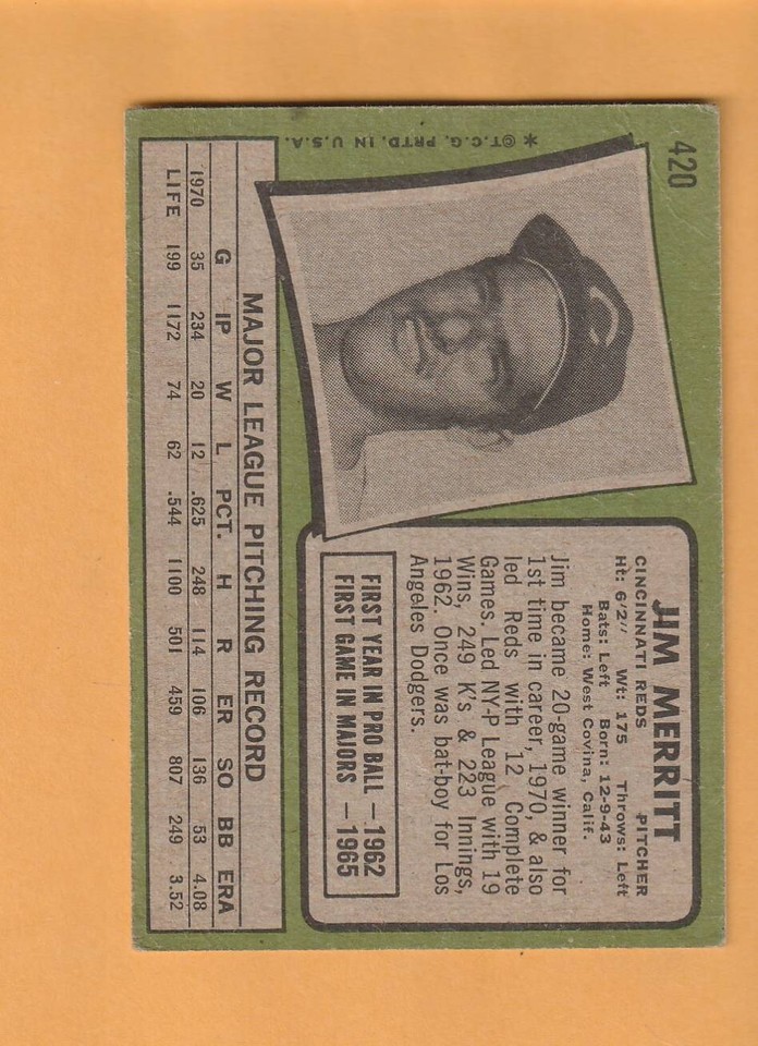 Jim Merritt Cincinnati Reds AUTO Signed 1971 Topps West Covina ...