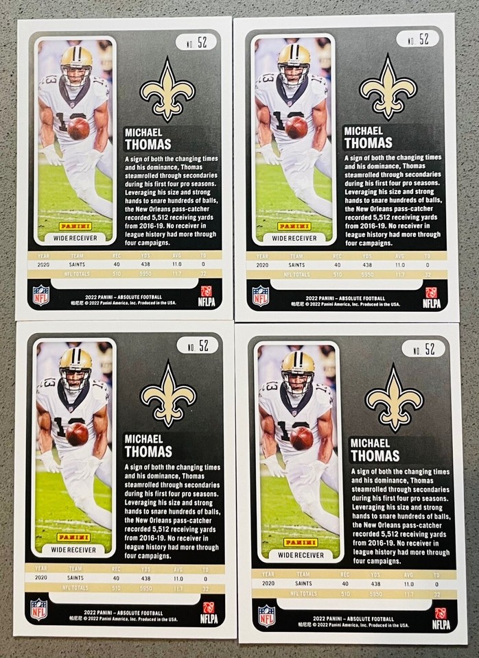 4 Lot 2022 Panini Absolute Football NFL #52 Michael Thomas Base Card ...
