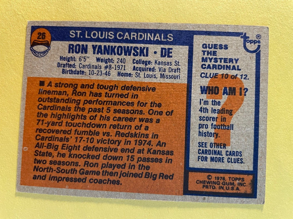 SIGNED RON YANKOWSKI 1976 TOPPS FOOTBALL CARD AUTOGRAPH - CARDINALS | eBay