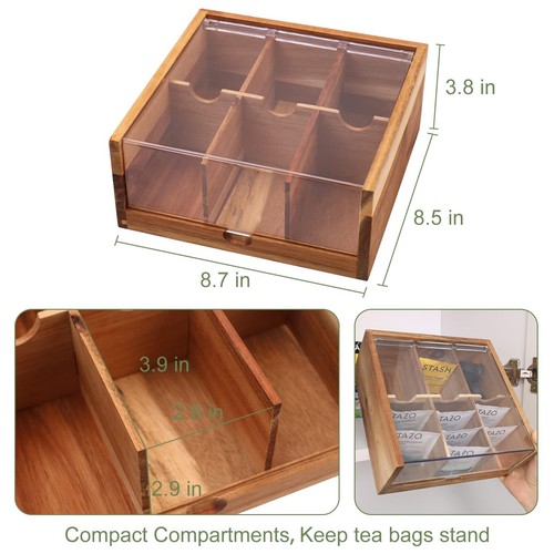 Acacia Wood Tea Bag Organizer Storage Gift Box 6 Compartments Tea Chest ...