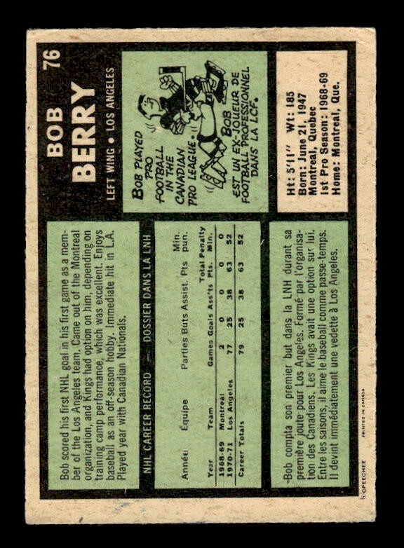 BOB BERRY SIGNED 1971-72 O-PEE-CHEE #76 LOS ANGELES KINGS ON-CARD AUTO ...