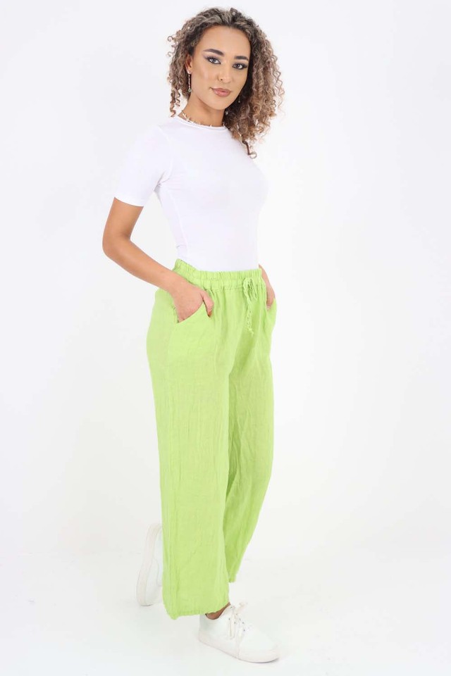 Ladies Italian Plain Linen Palazzo Trouser With Pockets Wide Ankle Hem ...
