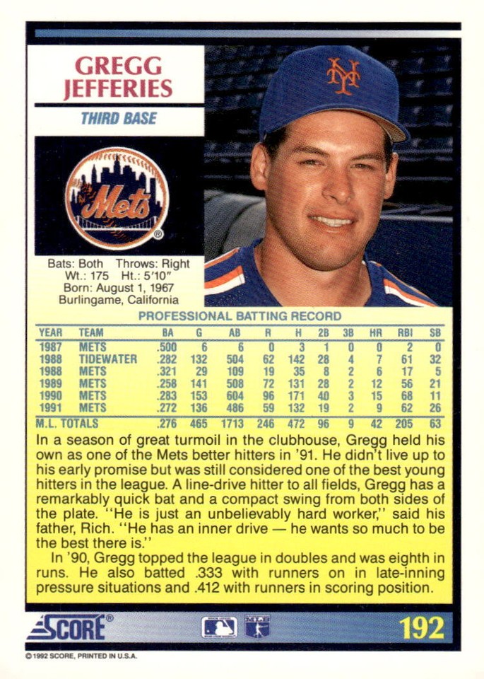 1992 Score #192 Gregg Jefferies | eBay