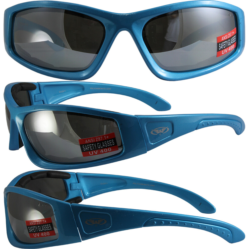 Triumphant LIGHT BLUE Padded Motorcycle Glasses Z87+ FLASH MIRROR LENS ...