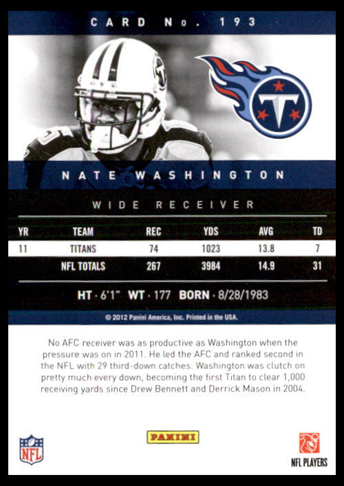 2012 Panini Prestige #193 Nate Washington Tennessee Titans Football ...