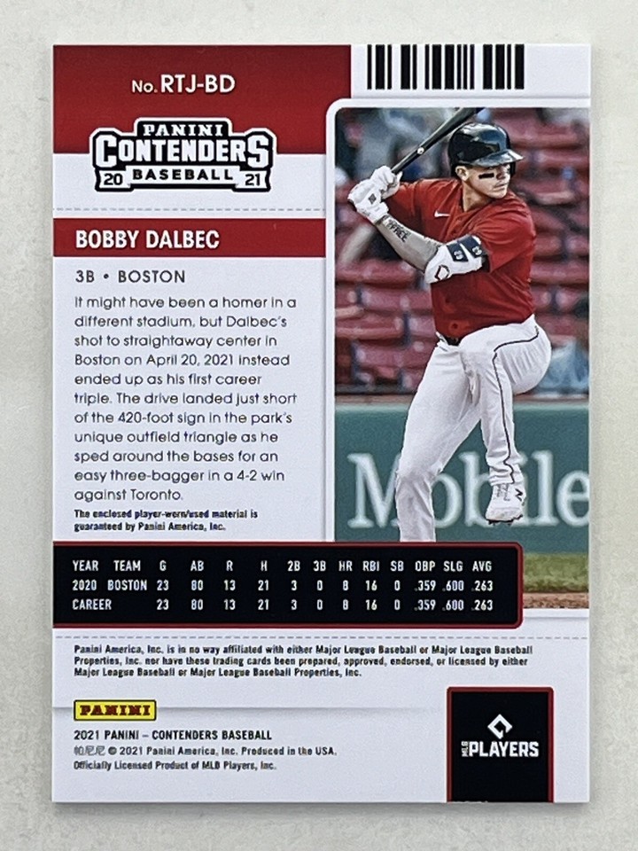 Bobby Dalbec 2021 Panini Contenders Rookie Ticket Jersey RC #RTJ-BD Red ...