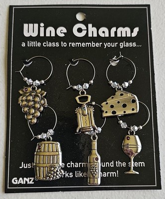 Wine Glass Stem Charms (6) Silvertone w/Rhinestones Wine Country Theme ...