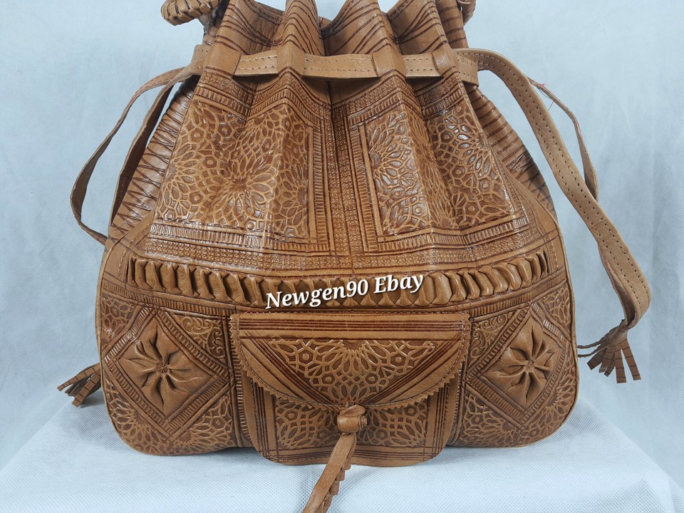 Large Engraved Handmade Bohemian Moroccan Leather crossbody Bucket hobo ...