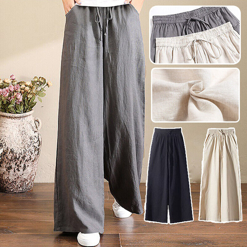 Womens Loose Cotton Linen Wide Leg Pants Ladies Summer Womens Loose Cotton Linen Wide Leg Pants Ladies Summer