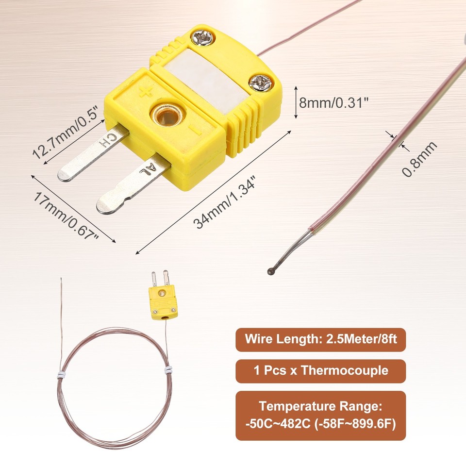 K Type Thermocouple Mini Connector Temperature Sensor 8ft, 0.8mm Wire ...