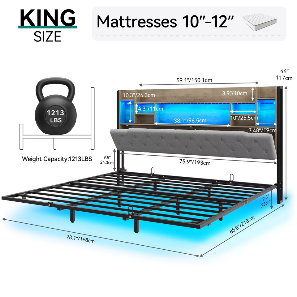 Super King LED Bed Frame RGB Lights, USB & UK Plug Charging. Modern Bed ...