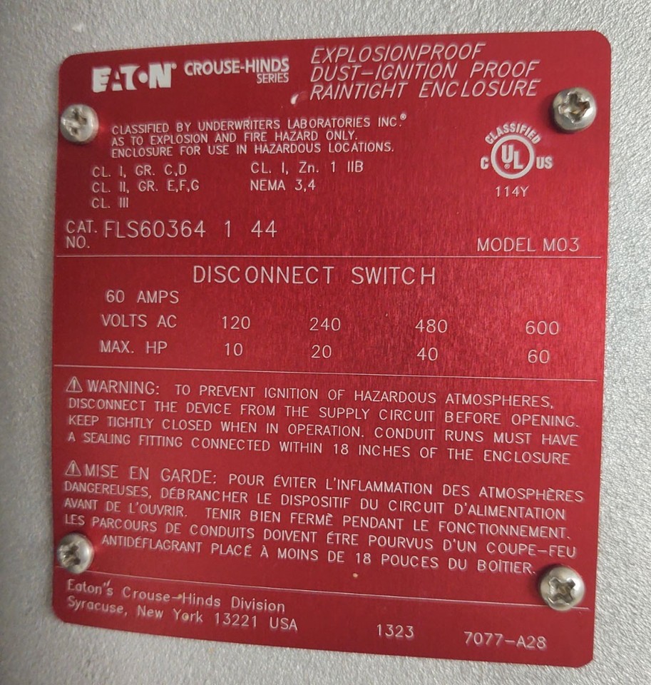 🔥NEW EATON CROUSE-HINDS FLS60364 1 44 EXPLOSION PROOF DISCONNECT SWITCH ...