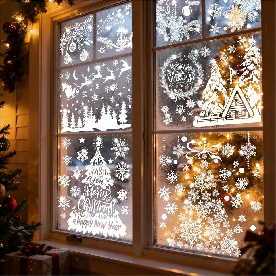 150+Pcs Glitter Christmas Window Clings, White Snowflakes Reindeer ...