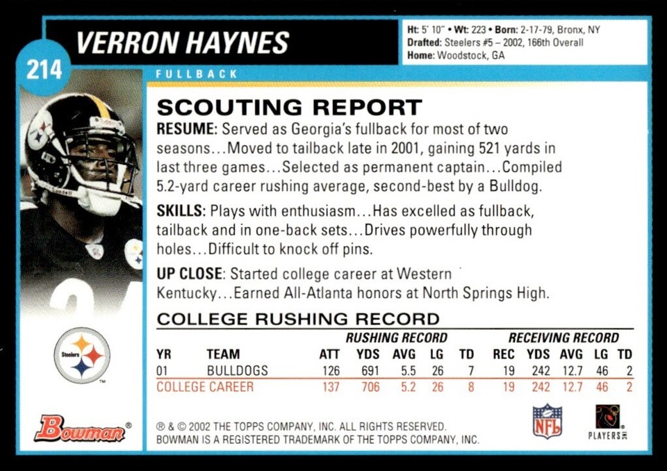 2002 Bowman Verron Haynes Rookie Pittsburgh Steelers #214 Georgia ...